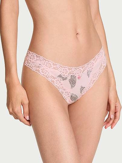 Victoria's Secret Lace Trim Cotton Lace-waist Thong - Print