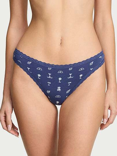 Victoria's Secret Lace Trim Cotton Lace-waist Thong Panty - Print