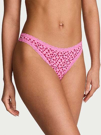 Victoria's Secret Lace Trim Cotton Lace-waist Thong Panty - Print