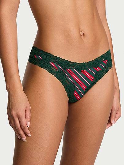 Victoria's Secret Lace Trim Cotton Shadow Stripe Lace-waist Thong Panty - Print