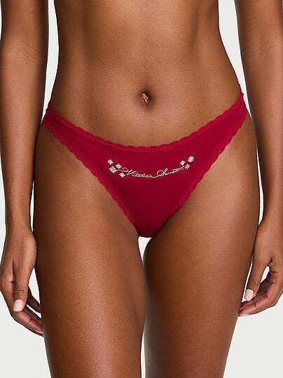 Victoria's Secret Lace Trim Cotton Lace-trim Thong Panty - Red