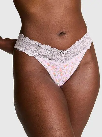 Pink Cotton Lace Trim Thong Panty - Floral