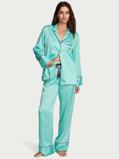 Victoria's Secret Signature Satin Shine Long Pajama Set - Blue