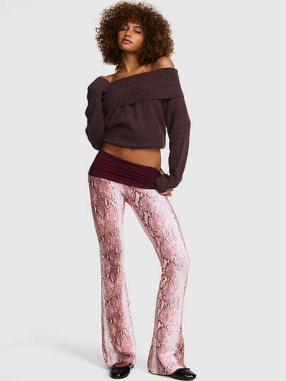 Pink All-day Cotton Foldover Flare Leggings - Print