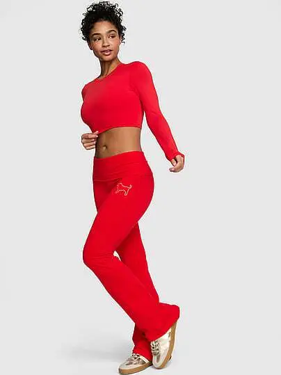 Pink All-day Cotton Foldover Flare Leggings - Red