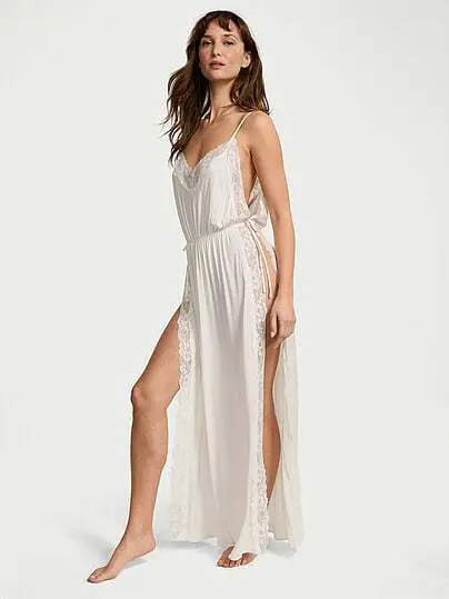 Victoria's Secret Sosoft™ Modal Ribbed Lace-trim Long Slip Dress - White,ivory