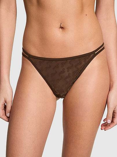 Pink Logo Mesh Strappy Thong Panty - Print