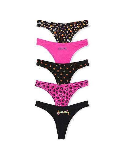 Pink 5-pack Cotton Thong Panties - Print