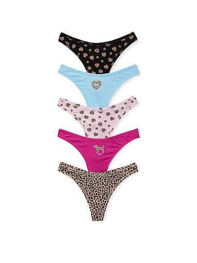 Pink 5-pack Cotton Thong Panties - Print
