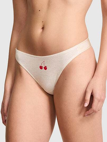 Pink Logo Cotton High-leg Thong Panty - Beige