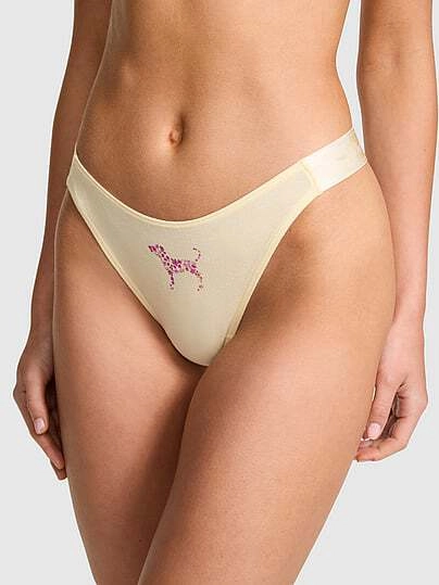Pink Logo Cotton High-leg Thong Panty - Beige