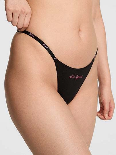 Pink Logo Thong Panty - Black