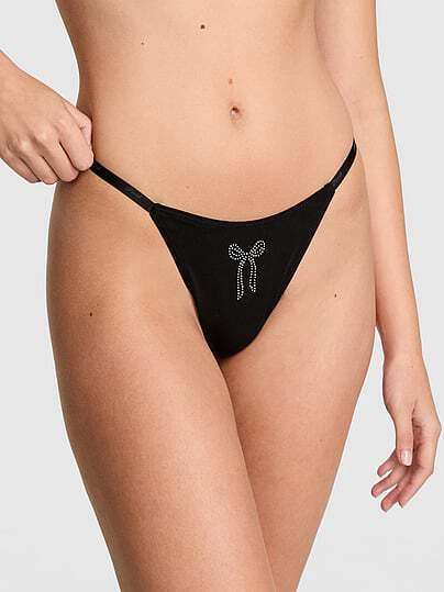Pink Logo Cotton High-leg Thong Panty - Black
