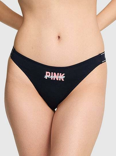Pink Logo Cotton High-leg Thong Panty - Blue