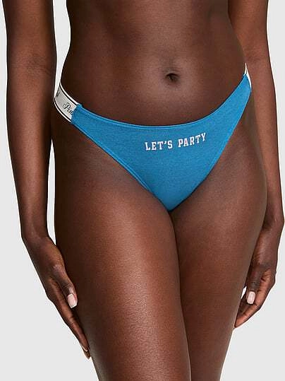 Pink Logo Cotton High-leg Thong Panty - Blue