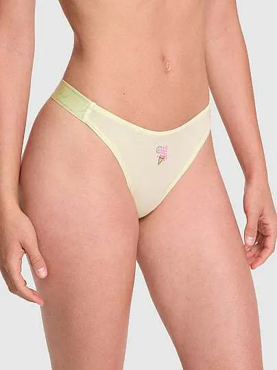 Pink Logo Cotton Shine High-leg Thong Panty - Green