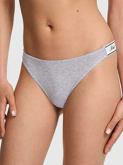Pink Logo Cotton Shine High-leg Thong Panty - Grey