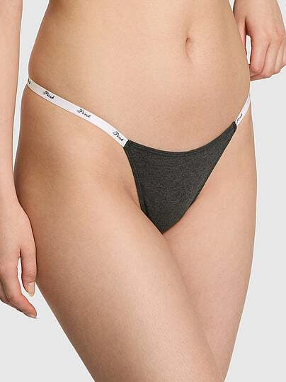 Pink Logo Cotton High-leg Thong Panty - Grey