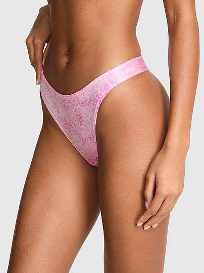 Pink Logo Cotton High-leg Thong Panty - Print