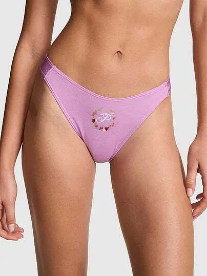 Pink Logo Cotton Shine High-leg Thong Panty - Purple
