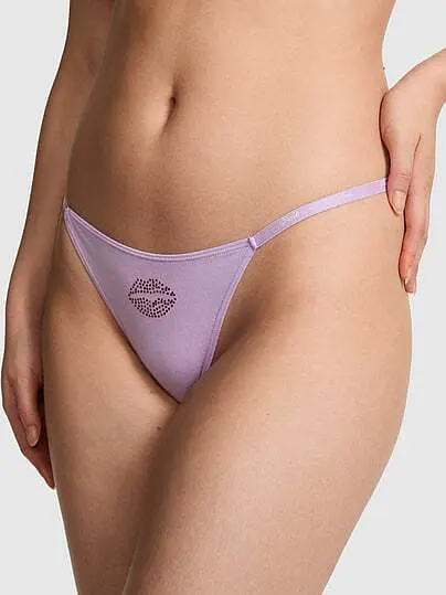 Pink Logo Cotton Shine High-leg Thong Panty - Purple