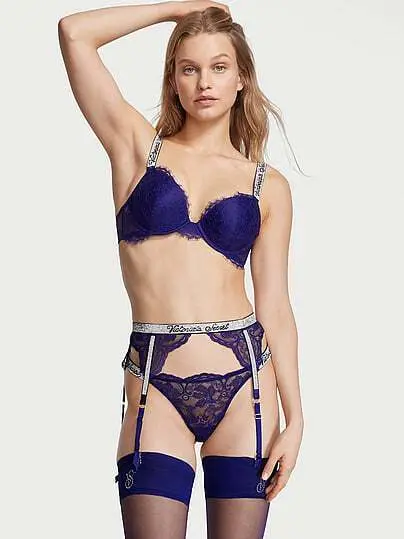 Bra Rhinestone Garter Belt Victoria's Secret Very Sexy Shine Strap  Lace Garter Belt Blue