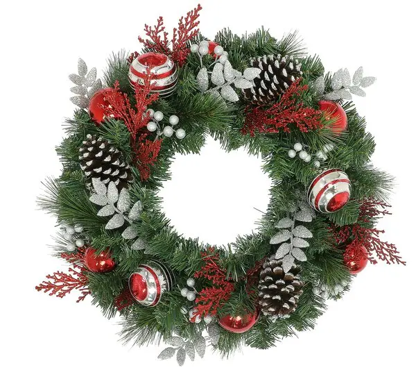 PULEO INTERNATIONAL Puleo 24 Decorated Artificial Wreath With Redreen & Silver - One-color