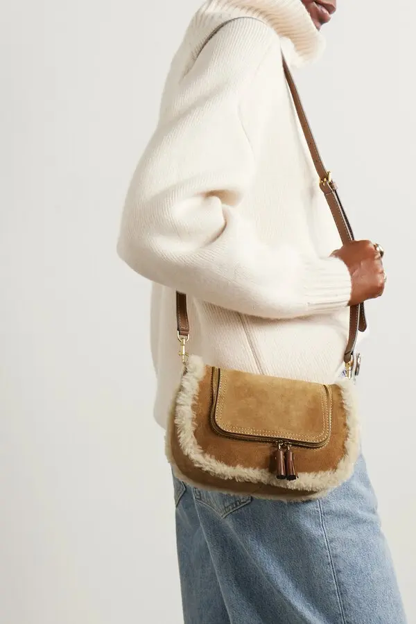 ANYA HINDMARCH Vere Shearling-trimmed Suede Shoulder Bag