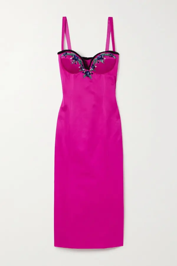 MISS SOHEE The Vanguard Iris Faux Fur-trimmed Embellished Satin Midi Dress - Pink