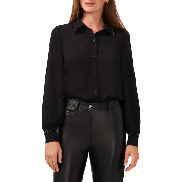 Halogen Shimmer Collar Long Sleeve Button-up Georgette Shirt - Rich Black
