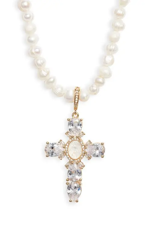 VIDAKUSH Virgin Mary Cross Pearl Necklace - Gold