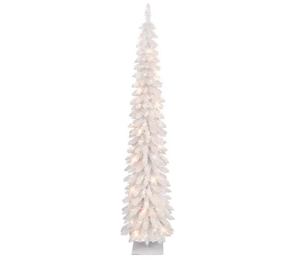 PULEO INTERNATIONAL Puleo 7' Pre-lit Flocked White Alpine Pencil Tr Ee 150 Lights - One-color