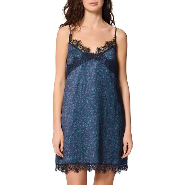 Simone Perele Lace Trim Satin Chemise - Feline Blue