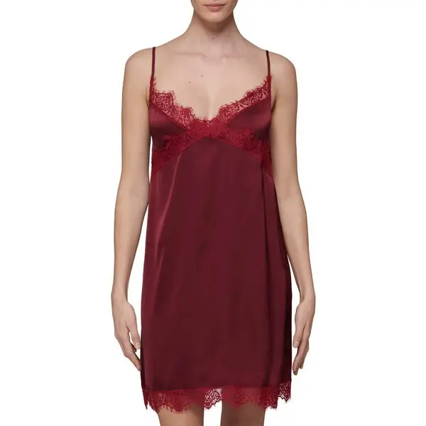 Simone Perele Lace Trim Satin Chemise - Spinel Red