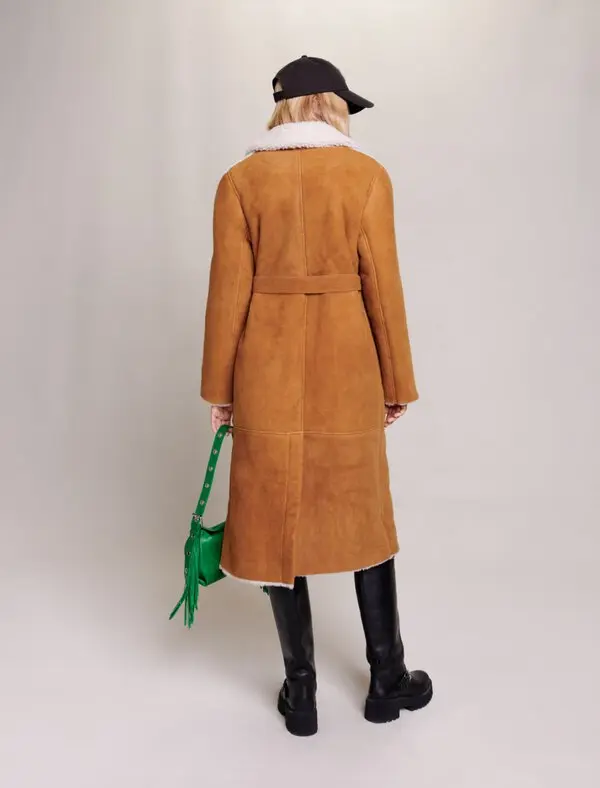 Maje Long Shearling Coat With Belt