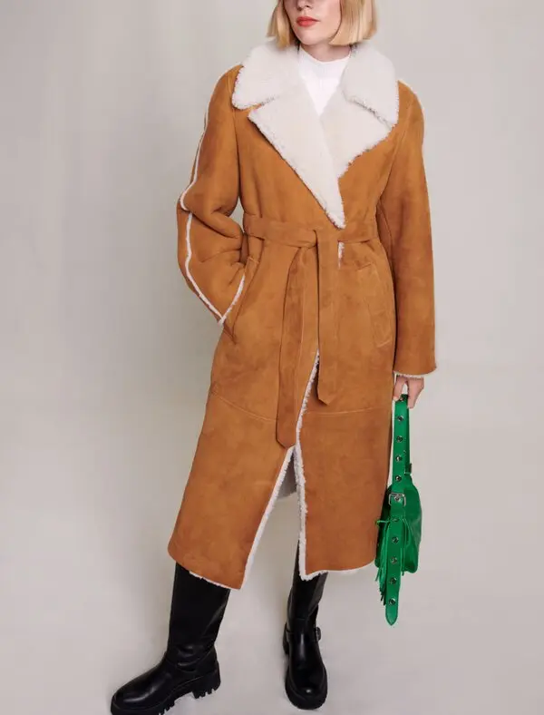 Maje Long Shearling Coat With Belt
