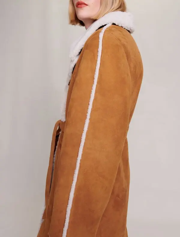 Maje Long Shearling Coat With Belt