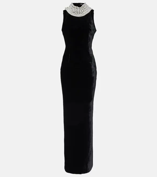 Balmain Pearl-Embellished Velvet Gown In Black - 30% Off | Editorialist