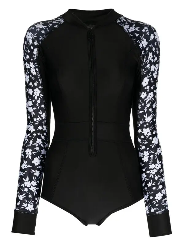DUSKII Floral Print Zip-up Surf Suit - Black