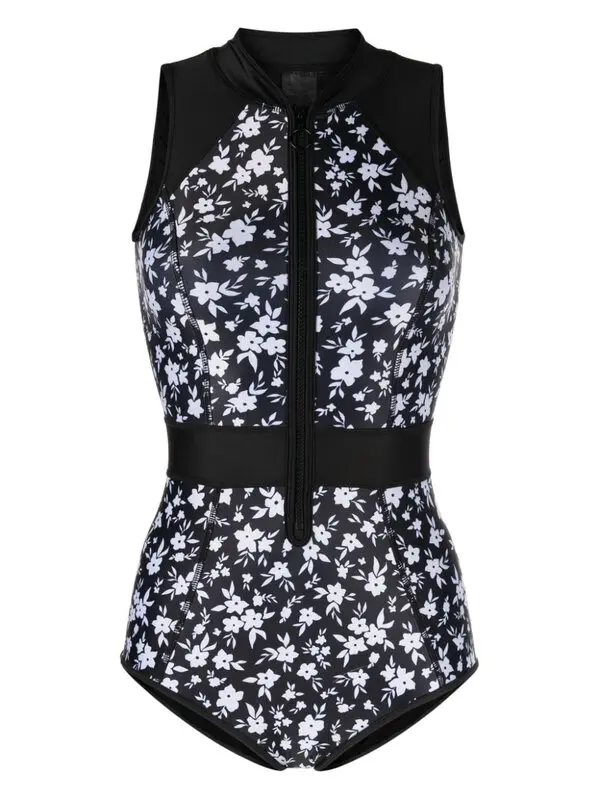 DUSKII Floral-print Zip-up Surf Suit - Black