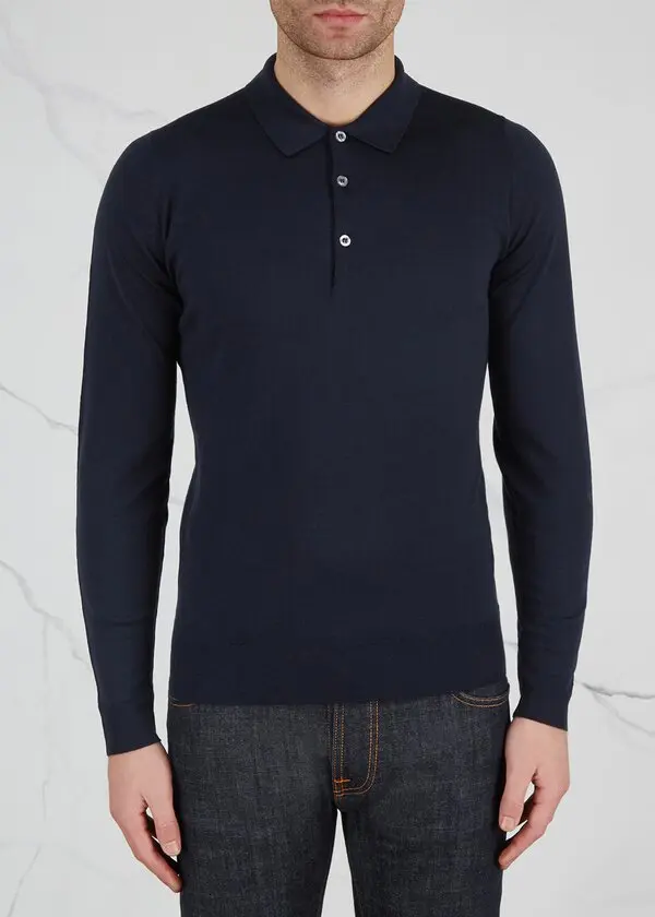 John Smedley Belper Wool Polo Shirt - Navy