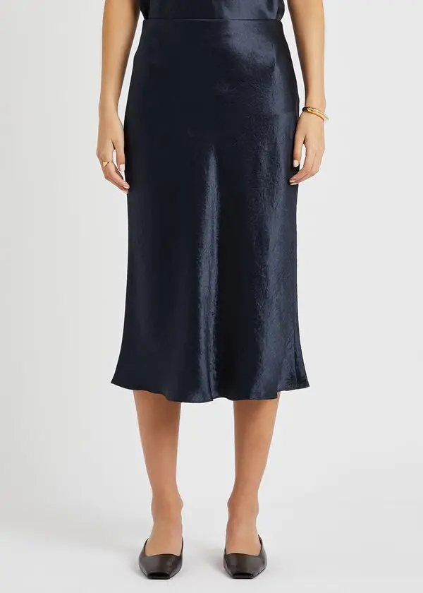 Vince Hammered Satin Midi Skirt - Navy