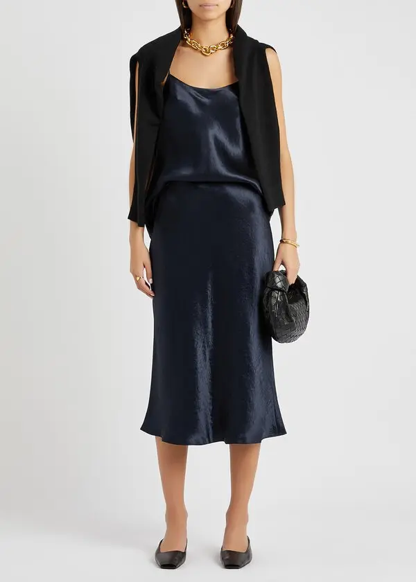 Vince Hammered Satin Midi Skirt - Navy