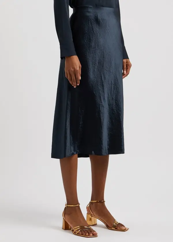 Vince Hammered Satin Midi Skirt - Navy