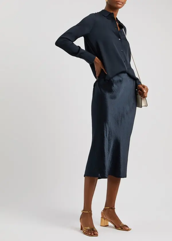 Vince Hammered Satin Midi Skirt - Navy