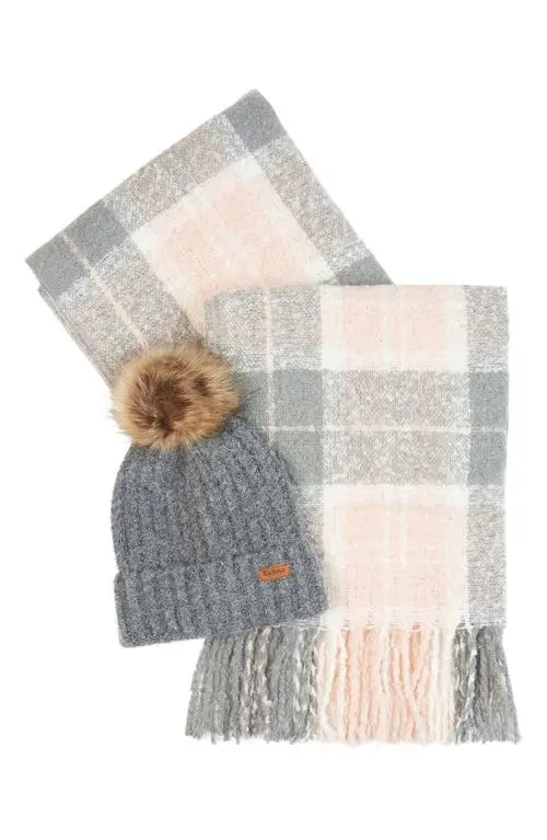 Barbour Saltburn Faux Fur Beanie And Tartan Bouclé Scarf Set - Grey Rose