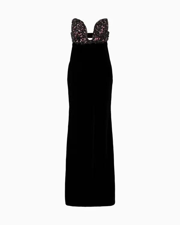 Giorgio Armani Long Velvet Bustier Dress With Embroidery