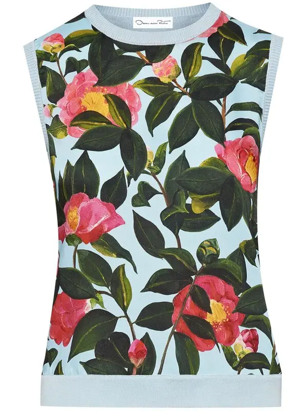 Oscar De La Renta Camellia Printed Tank Top - Blue