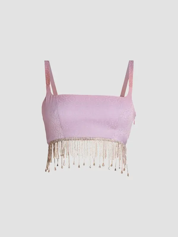 Casablanca Diamonte Fringe Silk Crop Top