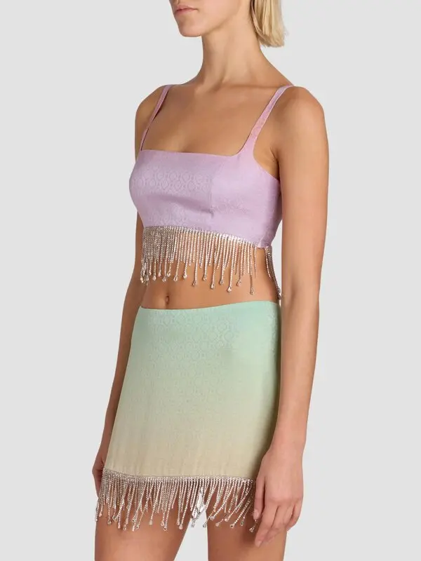 Casablanca Diamonte Fringe Silk Crop Top